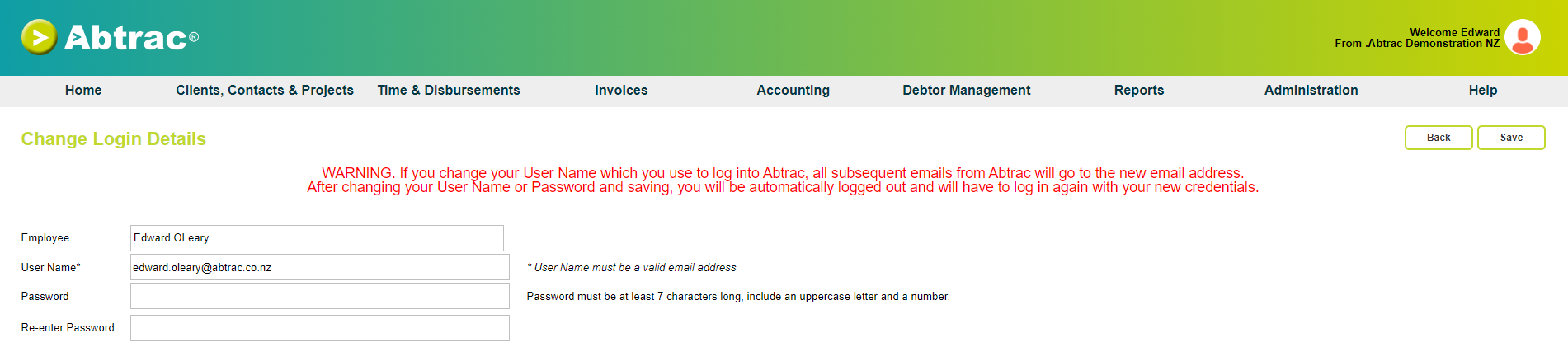 Changing your login and password – Abtrac Support