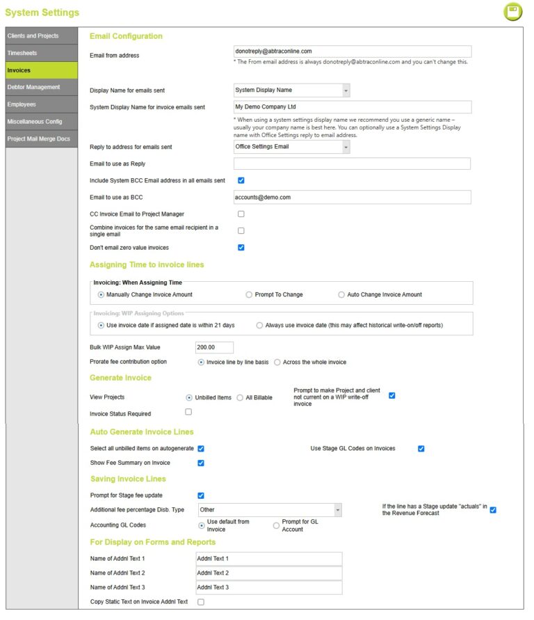 System Settings: Invoices – Abtrac Support
