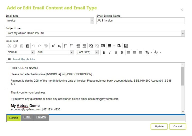 Setting up email templates – Abtrac Support